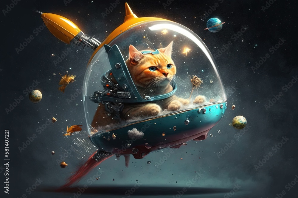 team of cats piloting a spaceship shaped like a giant ball of yarn ...