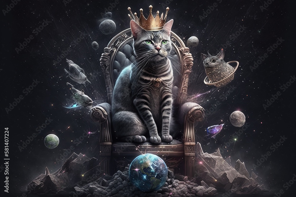 Cat lounging on a throne made of meteorites, wearing a crown made of ...