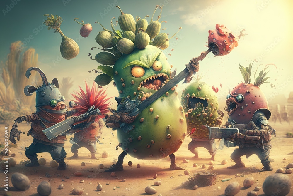 group of anthropomorphic fruits fighting a horde of evil vegetables in ...