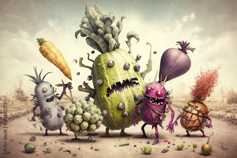 group of anthropomorphic fruits fighting a horde of evil vegetables in ...
