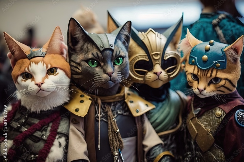 Group of cats dressed up in cosplay costumes, attending a sci - fi ...