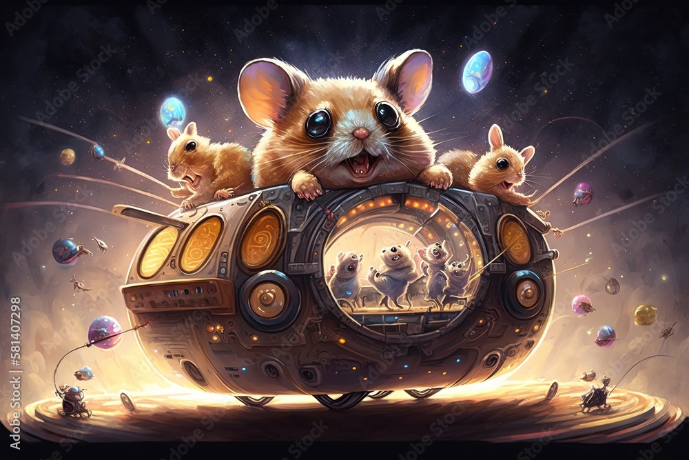 giant space hamster on a wheel, powering a spaceship and traveling ...