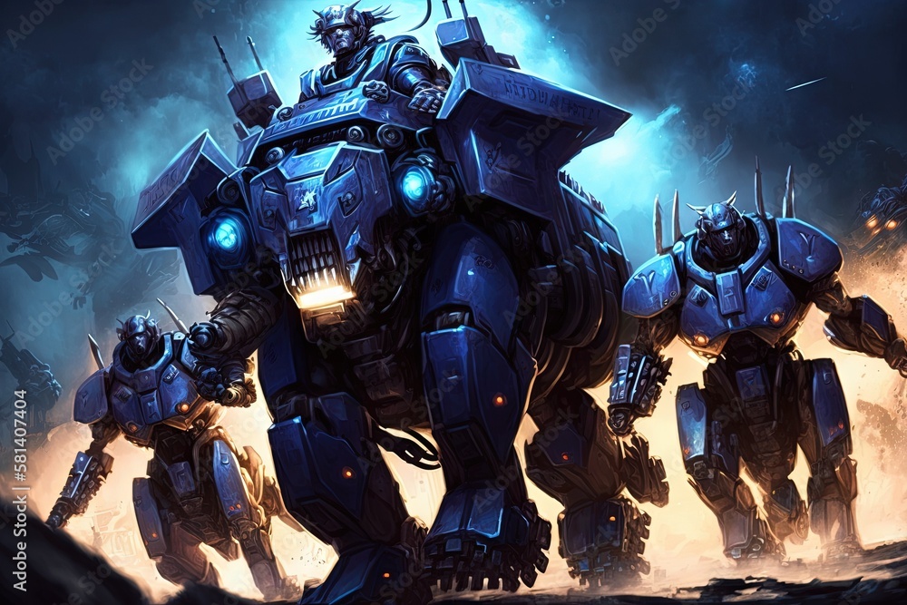 squad of space marines riding on the back of a giant robot horse ...