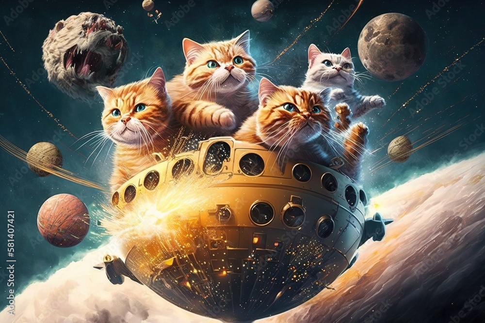 team of cats piloting a spaceship shaped like a giant ball of yarn ...