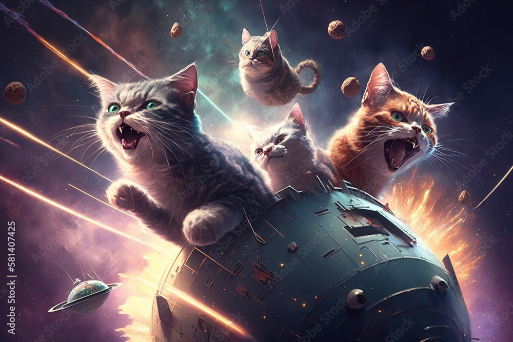 team of cats piloting a spaceship shaped like a giant ball of yarn ...