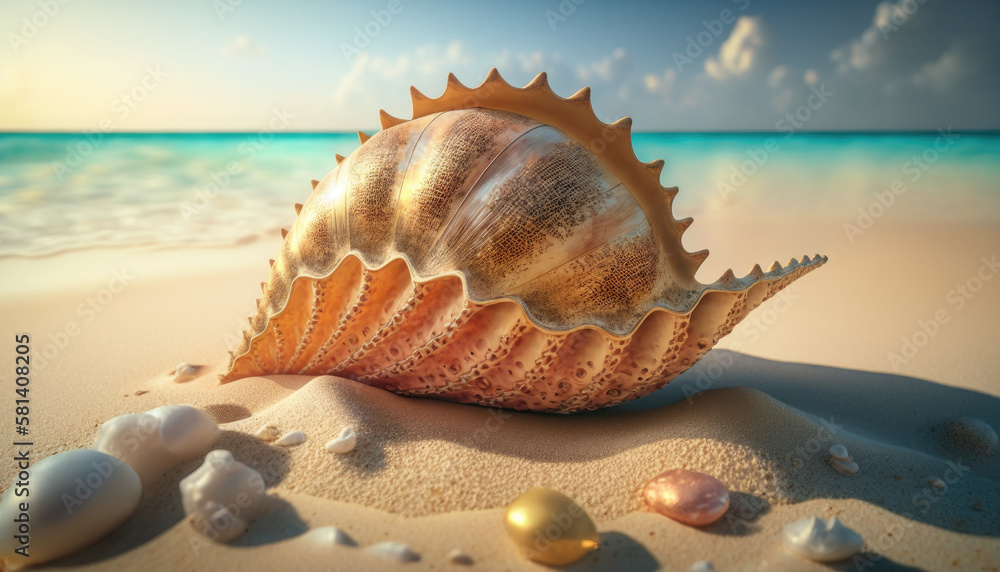 Large shell lying on sand on Caribbean beach created with generative AI ...
