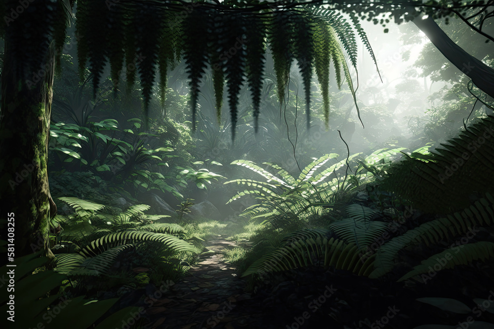 Dark rainforest sun rays through trees with dense fog digital ...