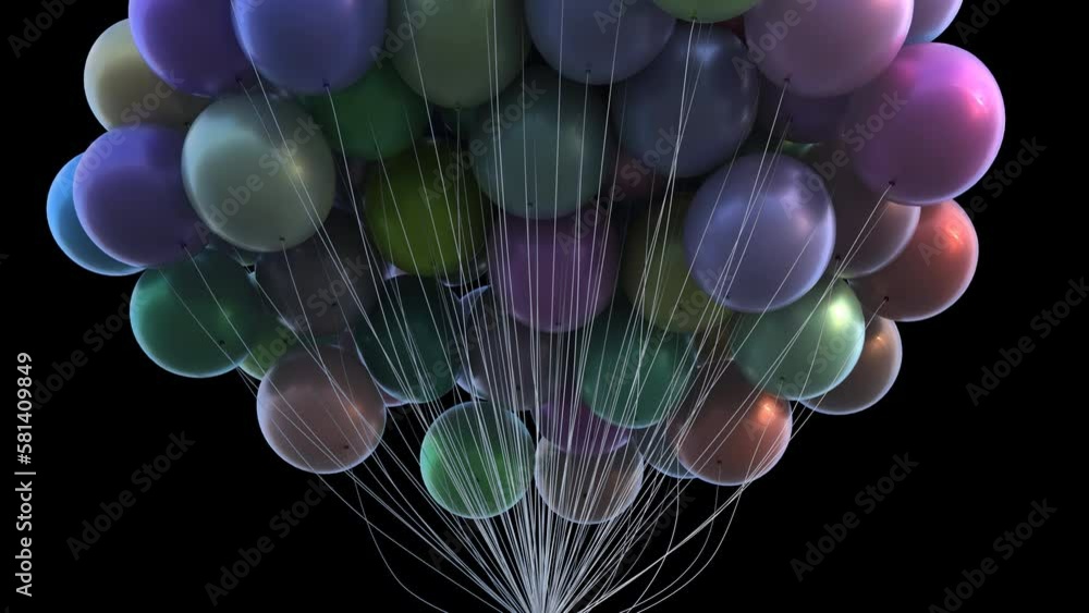 Colorful Balloons and ropes flying and spin rotate on back Background ...