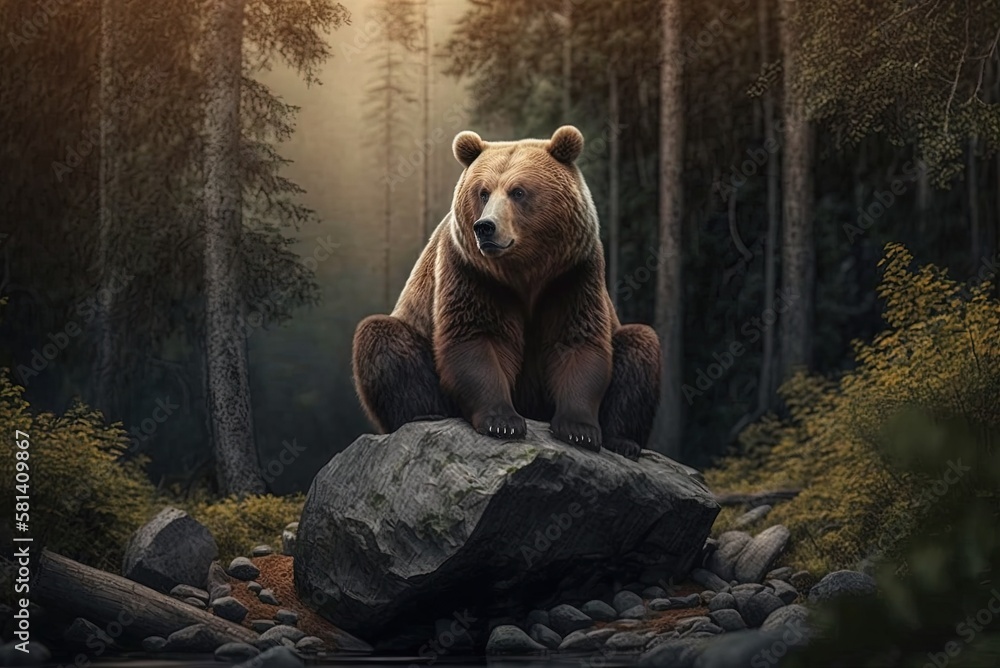Amazing picture of a brown bear lounging on a boulder in the woods ...