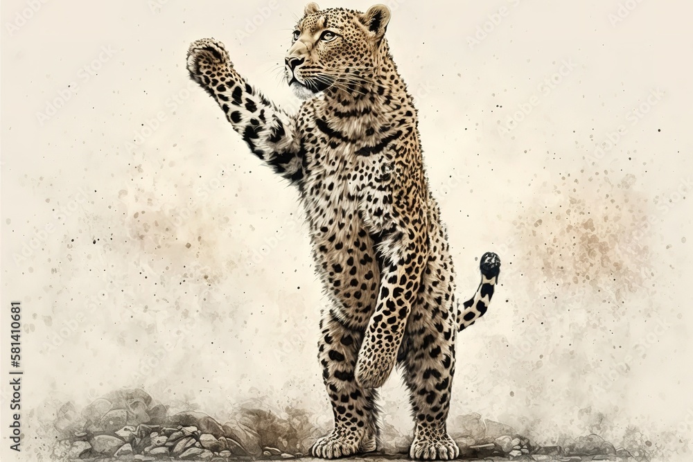 Beautiful spotted leopard big cat standing up on hind legs raising paws ...