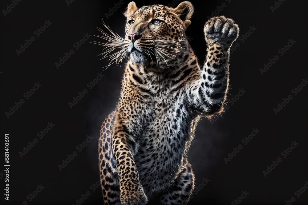 Beautiful spotted leopard big cat standing up on hind legs raising paws ...