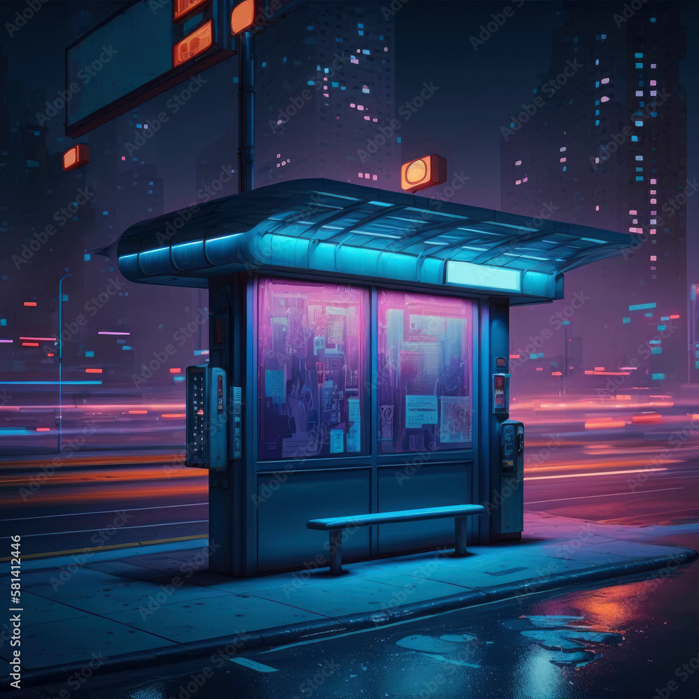 Cyberpunk bus stop, Ad space at a nighttime bus stop ,made with ...