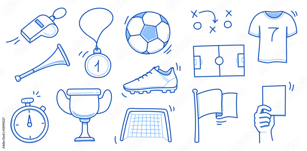 Doodle soccer element set. Football goal, award cup, soccer ball hand ...