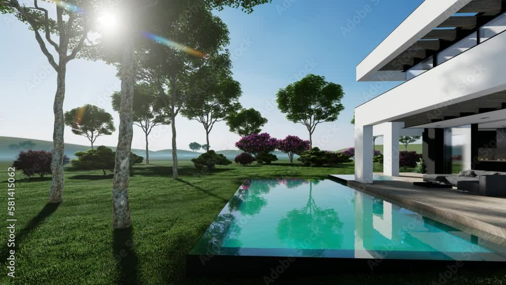 4K video rendering of modern cozy house with pool and parking for sale ...
