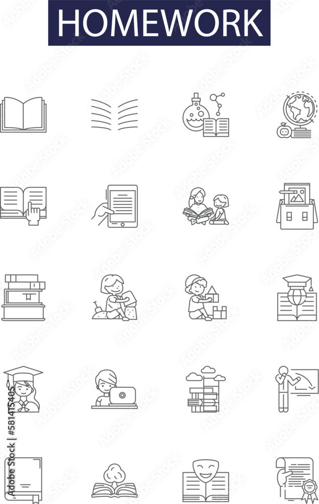 Homework line vector icons and signs. Assignment, Learning, Exercise, Studies, Responsibility ...