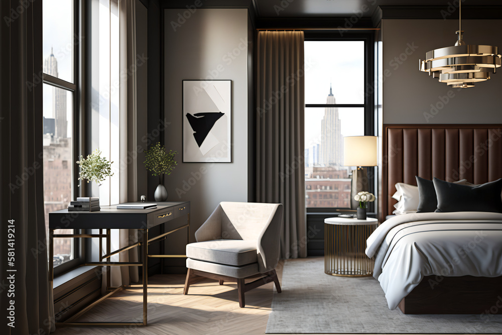 a contemporary hotel room with a neutral color scheme, featuring a king ...