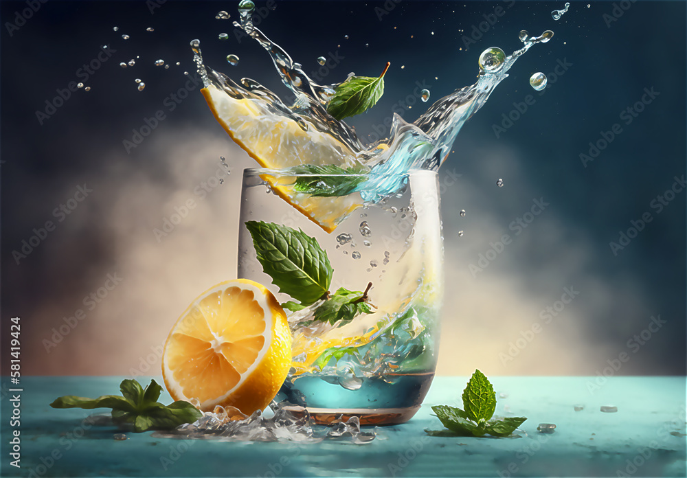 Full glass of sparkling fresh water with lemon and mint on dark background, generative AI ...