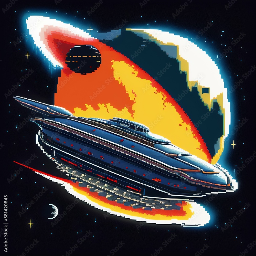pixel art illustration of spaceship in space emblem symbol background ...