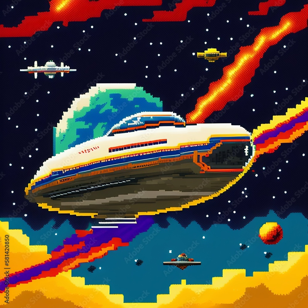 pixel art illustration of spaceship in space emblem symbol background ...
