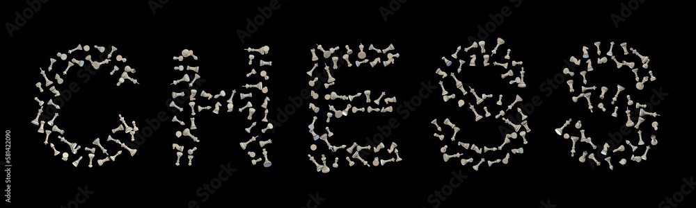 The word CHESS made entirely of chess pieces, including pawns, rooks ...