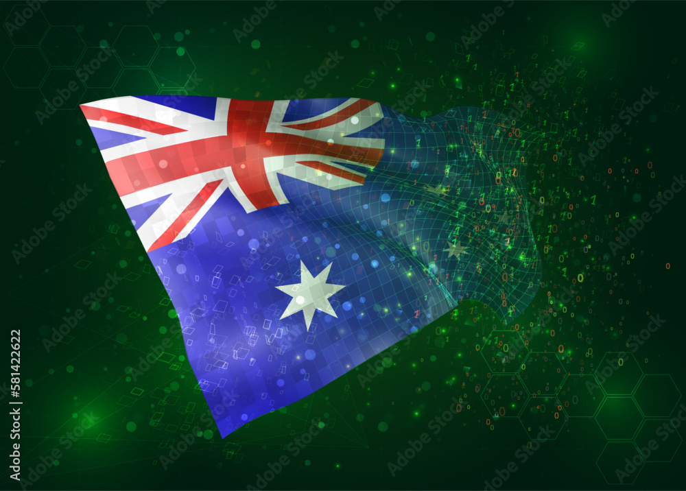 Australia, on vector 3d flag on green background with polygons and data ...