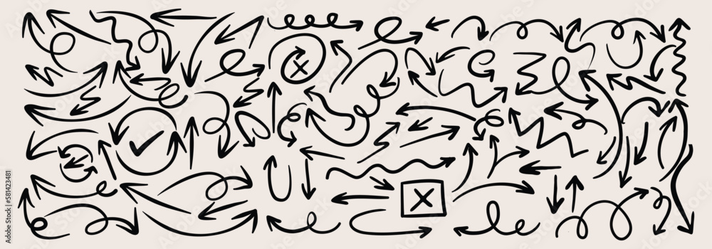 Hand drawn arrow mark icons. Doddle arrow set. Collection of hand drawn ...