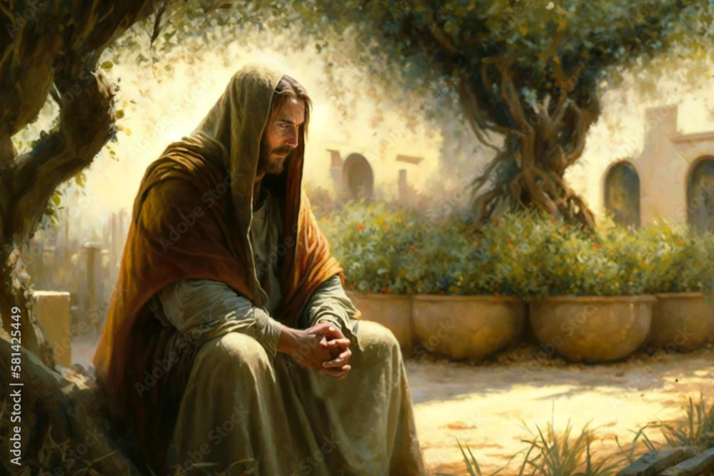 Jesus Christ praying in the garden of olive. AI generativ. Stock ...