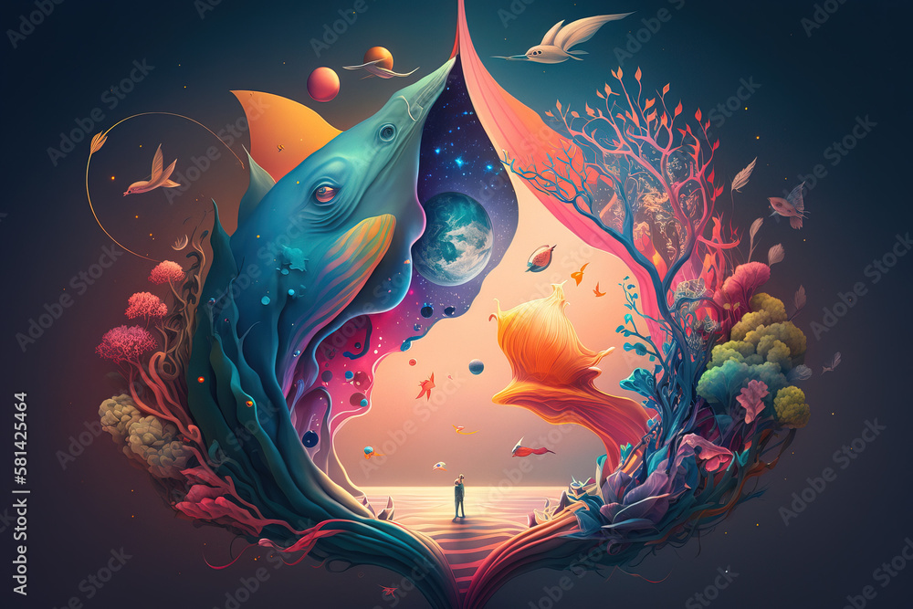 Creation Story in dreamy, fantastical style with vivid colors and ...