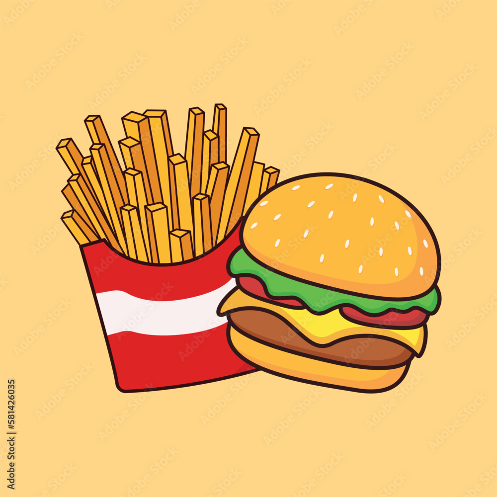 French fries and burger cartoon icon vector illustration. Food icon ...
