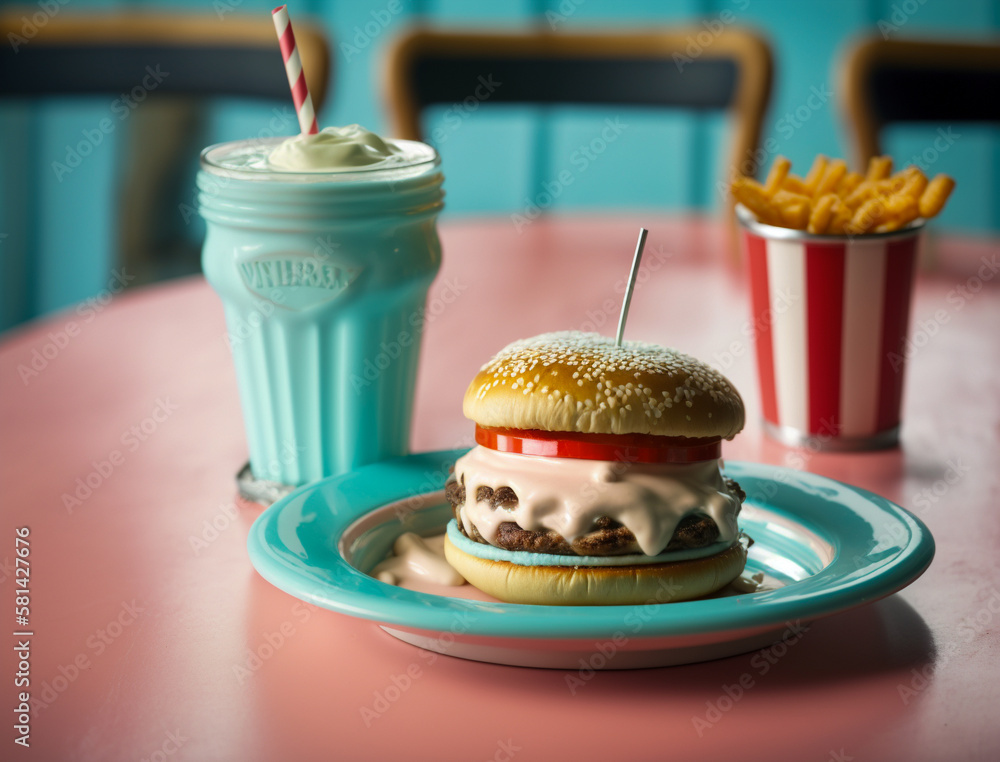 A mouth-watering shot of a burger on a retro diner-style plate, with a ...