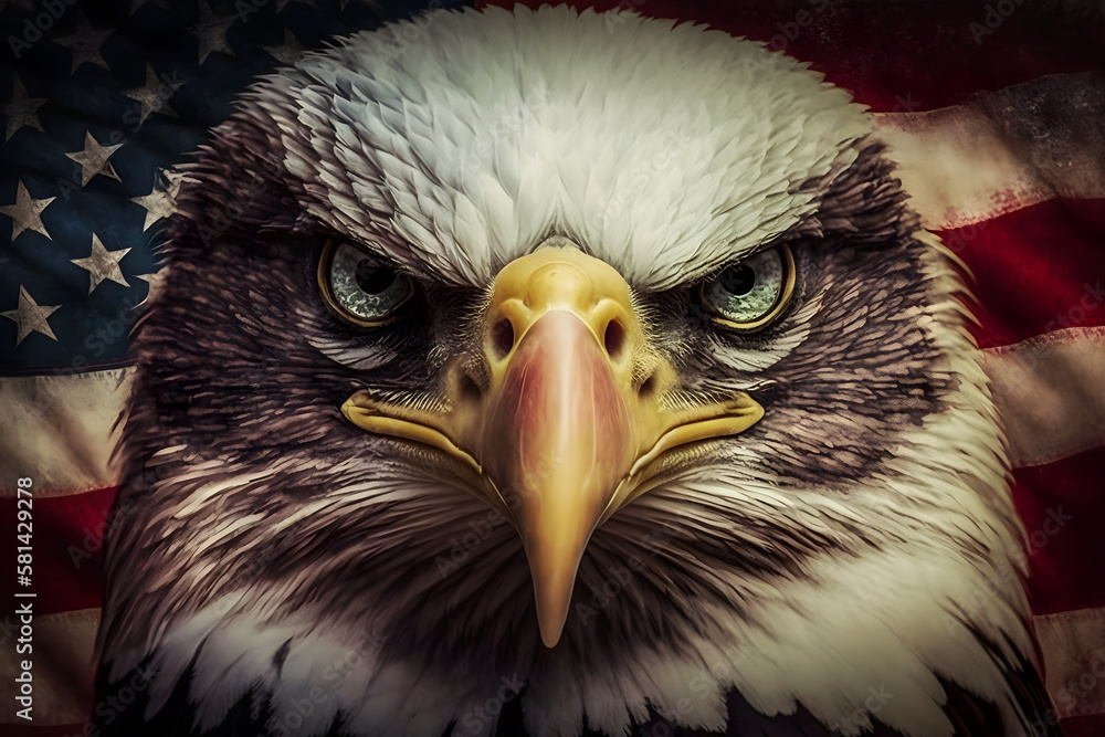 An angry north american bald eagle on american flag. Neural network AI ...