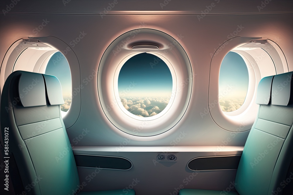 Interior of a medium class airplane cabin with seats, overhead ...