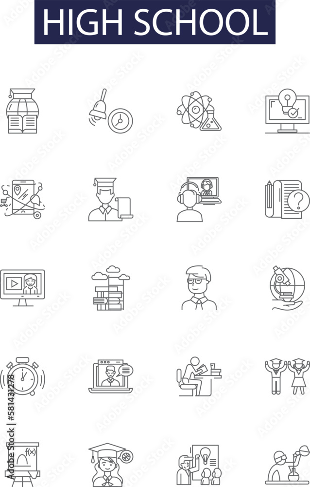 High school line vector icons and signs. Refectory, Learning, Books ...