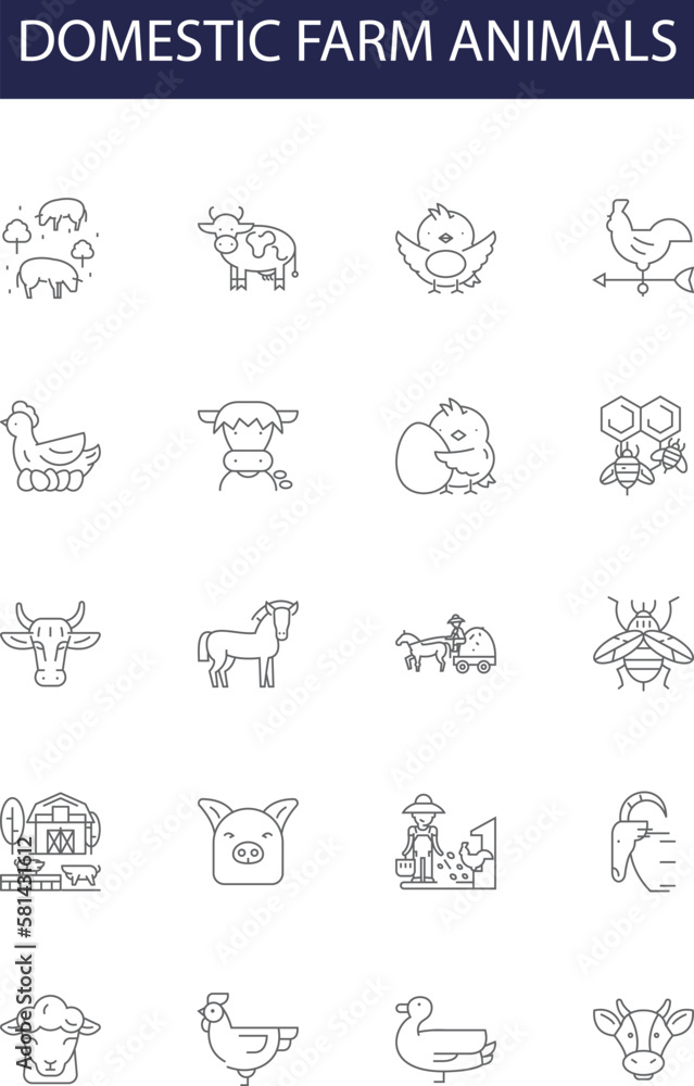 Domestic farm animals line vector icons and signs. Sheep, Pigs, Goats ...