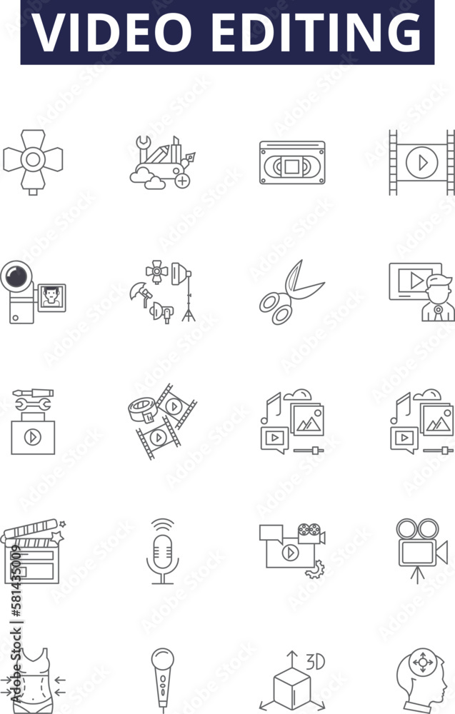 Video editing line vector icons and signs. videos, clip, trim, assemble ...