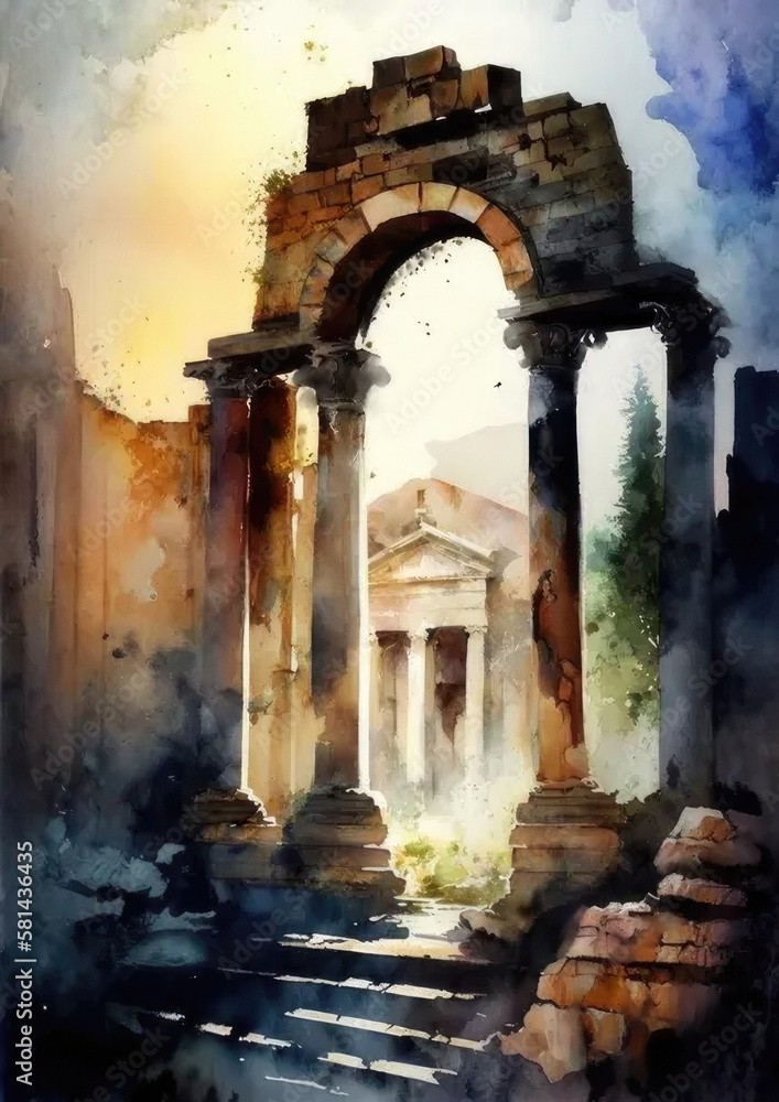 Roman ruins, ancient columns with arches, watercolor painting, created ...