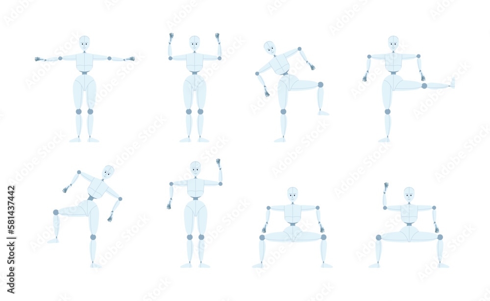 Humanoid robot dance movements semi flat color vector character bundle ...