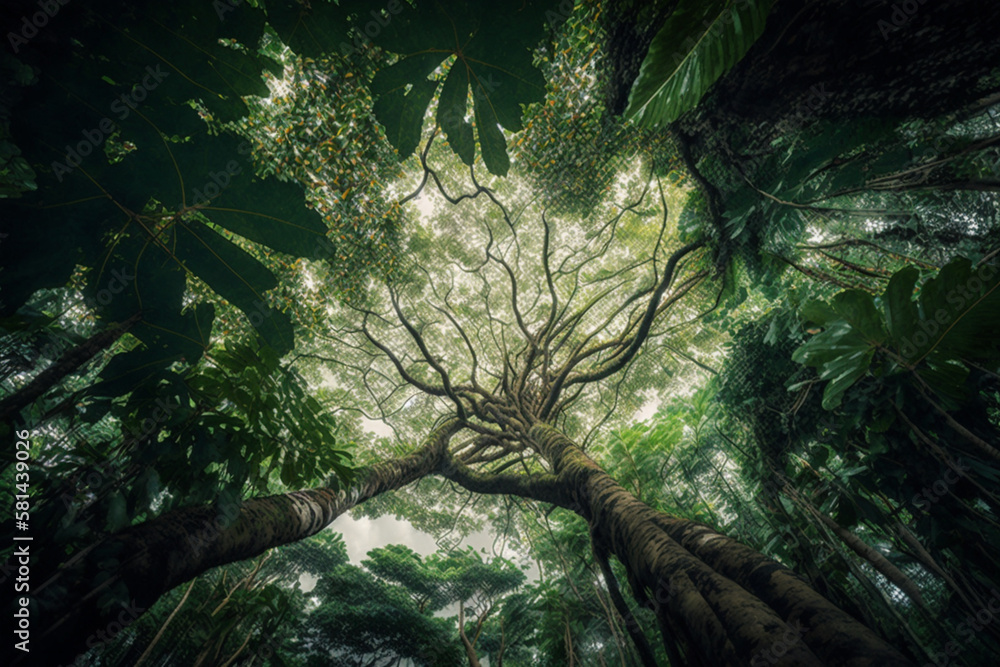 a rainforest canopy, representing the incredible biodiversity and ...