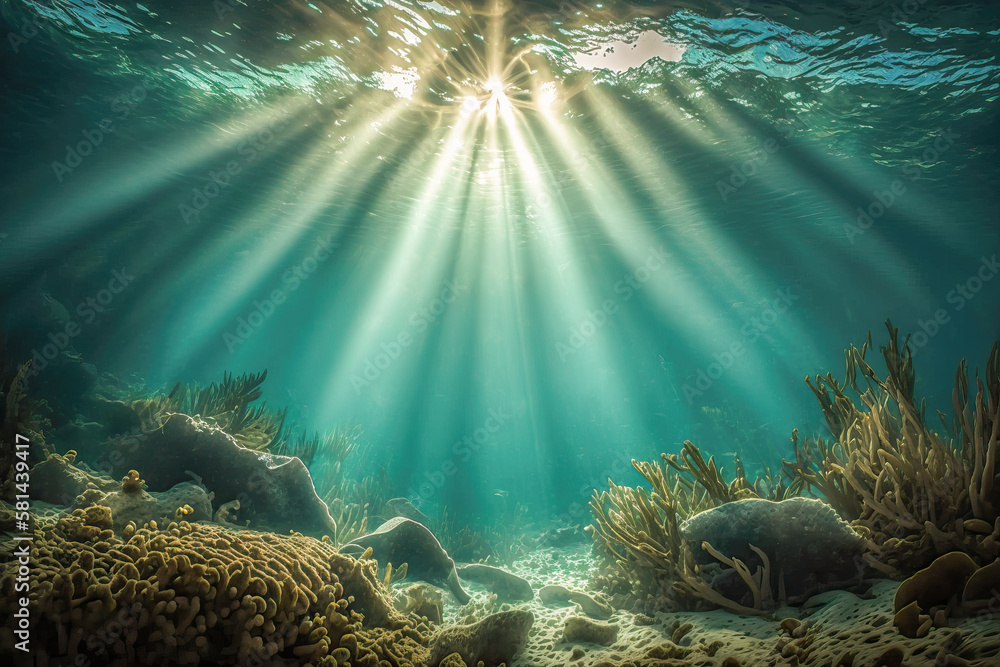 Rays of sunlight entering the sea, white sand. Underwater shot ...
