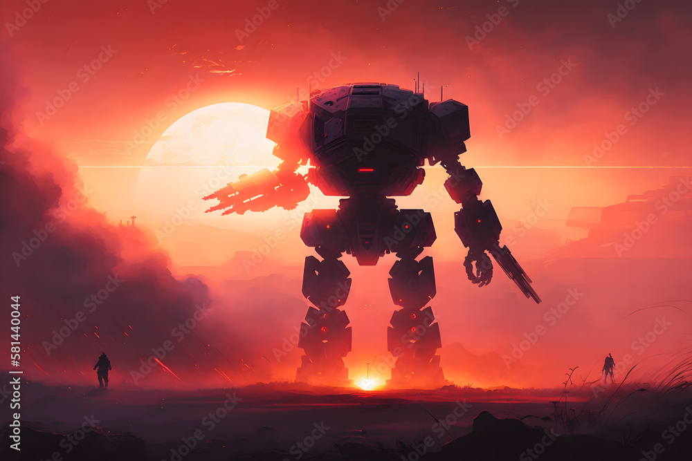 Post apocalypse concept, uprising of robots, battle of man and cyborg ...