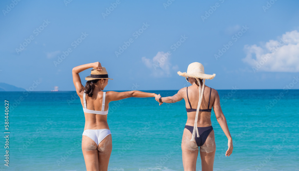 Sexy Asian Women Lgbtq Lover Wearing Swimming Bikini Suite And Hat