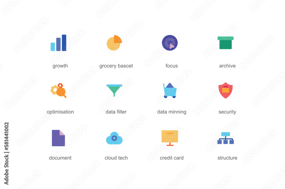 Data analysis concept of web icons set in color flat design. Pack of ...