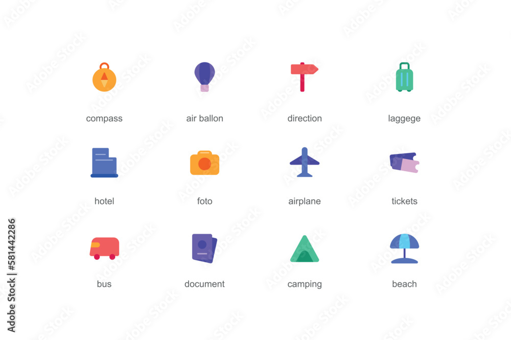 Travel concept of web icons set in color flat design. Pack of compass ...
