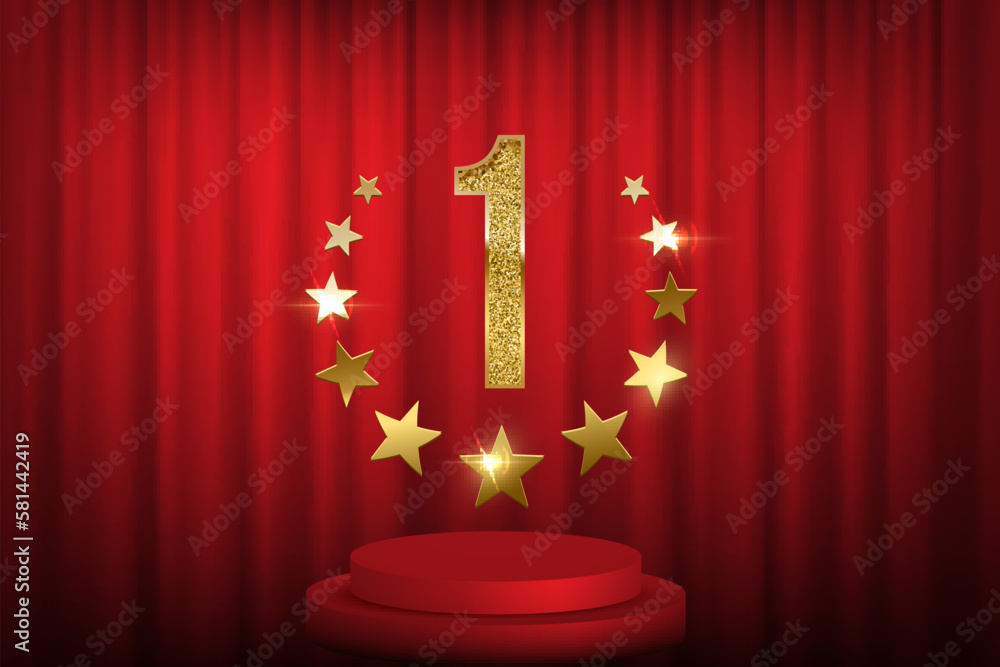 Red podium for first place with golden star wreath. Gold one number on ...