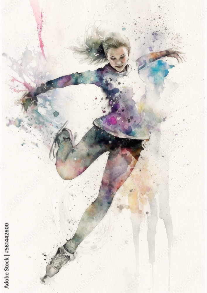 Figure skater on ice, watercolor painting, created with Generative AI ...