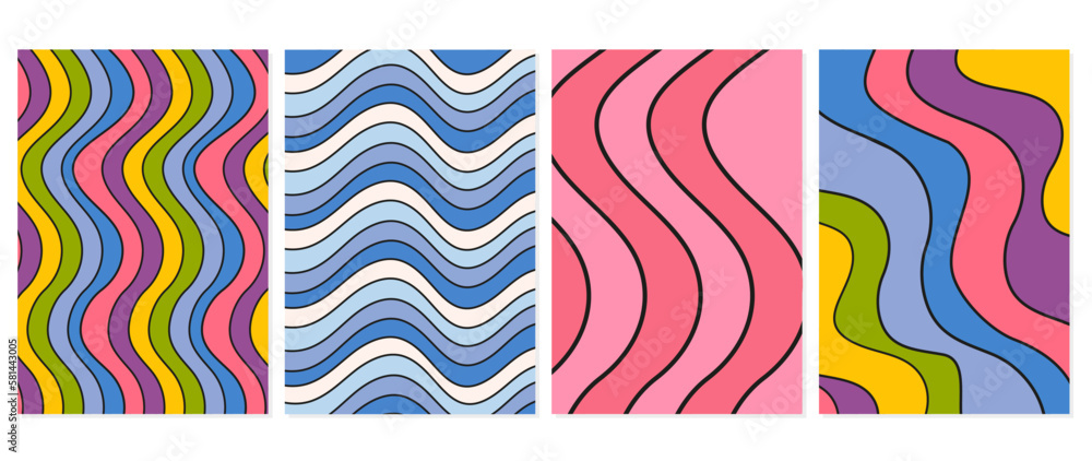 Vector flat posters. Wavy backgrounds in the colors of the 70s. Bright ...