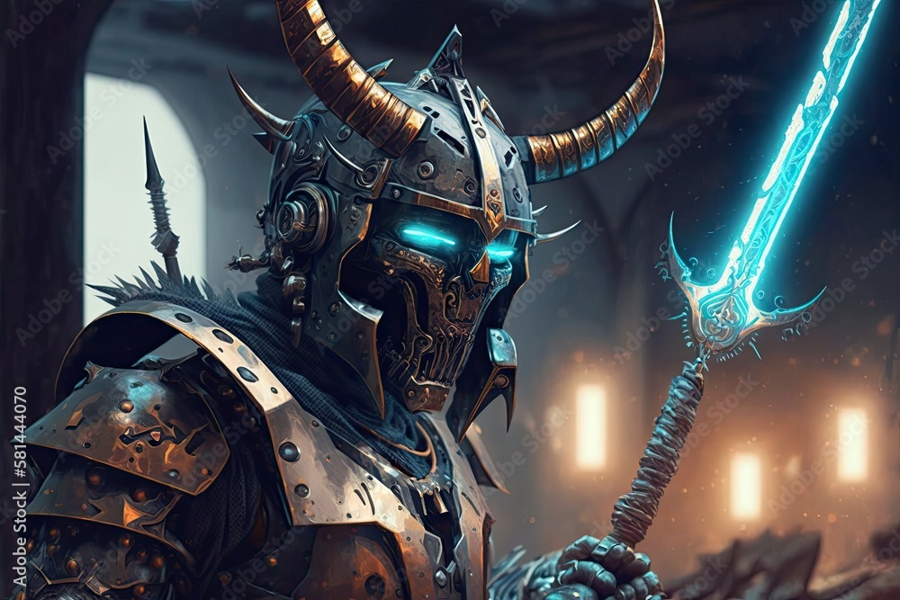 An artwork of a science fiction robot knight wearing a horned helmet ...