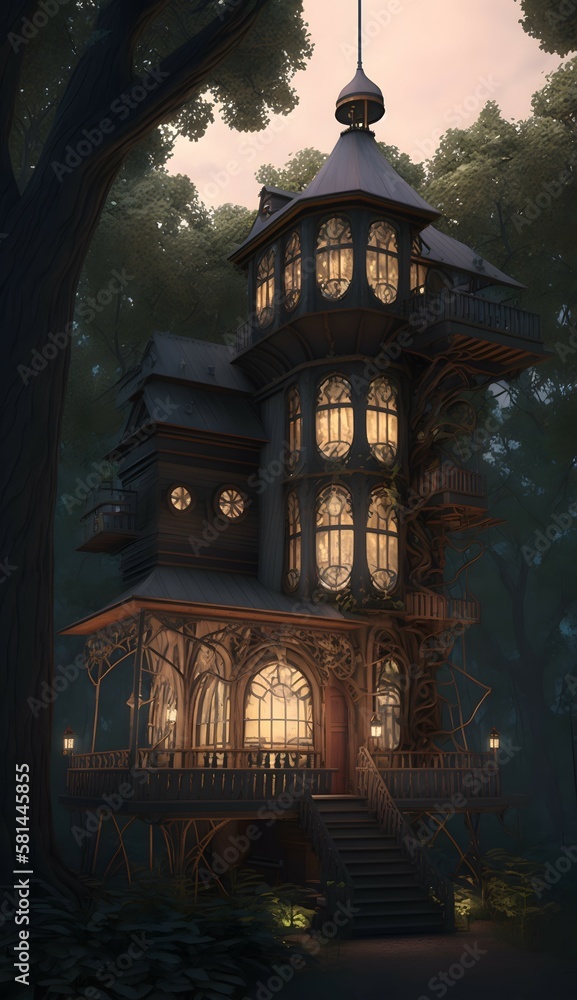 V-ray render of A steampunk treehouse in a forest Seco Stock Illustration | Adobe Stock