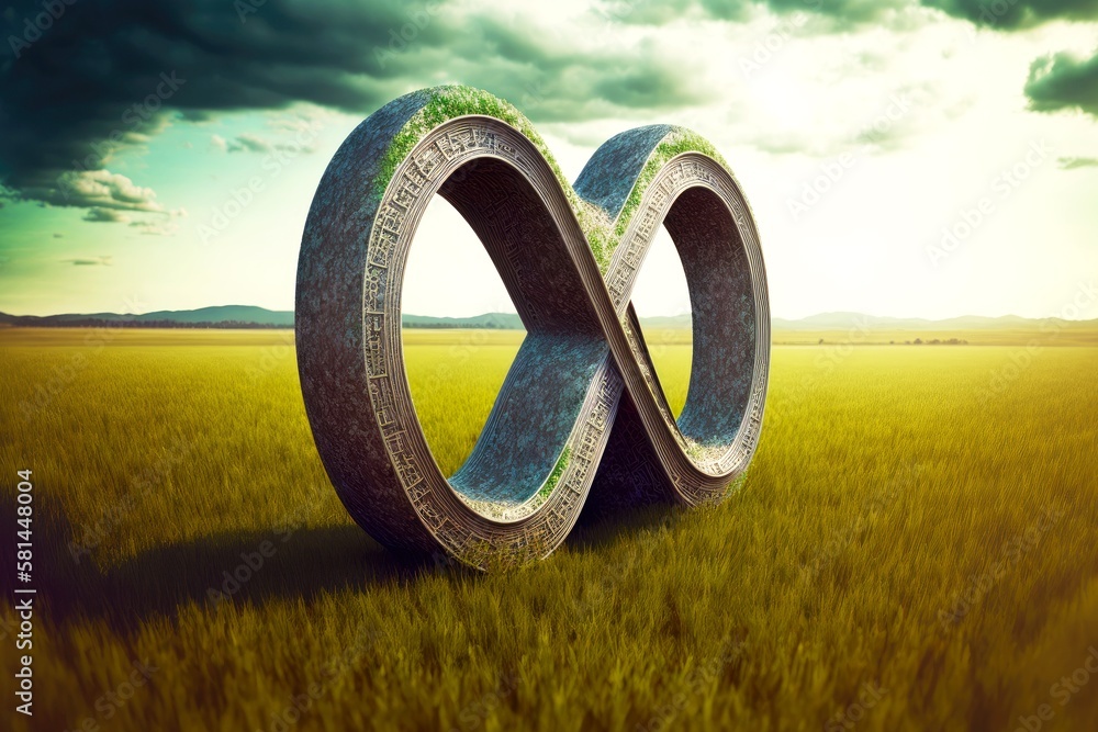 volumetric infinity sign standing on grass as symbol of creation ...