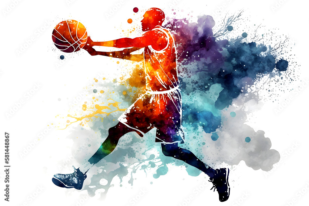 Basketball watercolor splash player in action with a ball isolated on ...